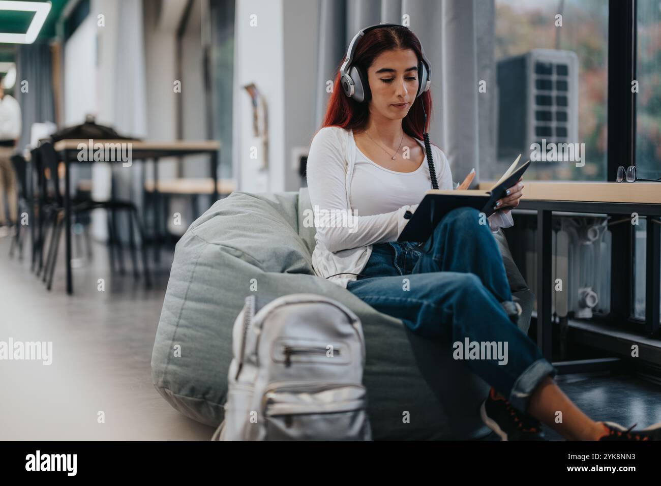 High school student studying in a modern library lounge area Stock ...