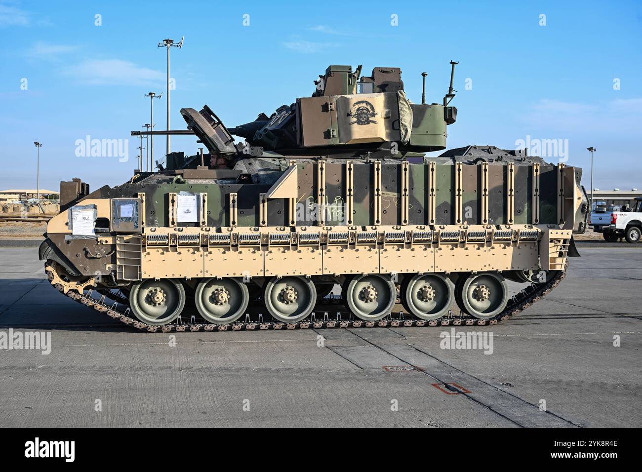 A U.S. Army M2A3 Bradley Fighting Vehicle sits on a flightline before ...