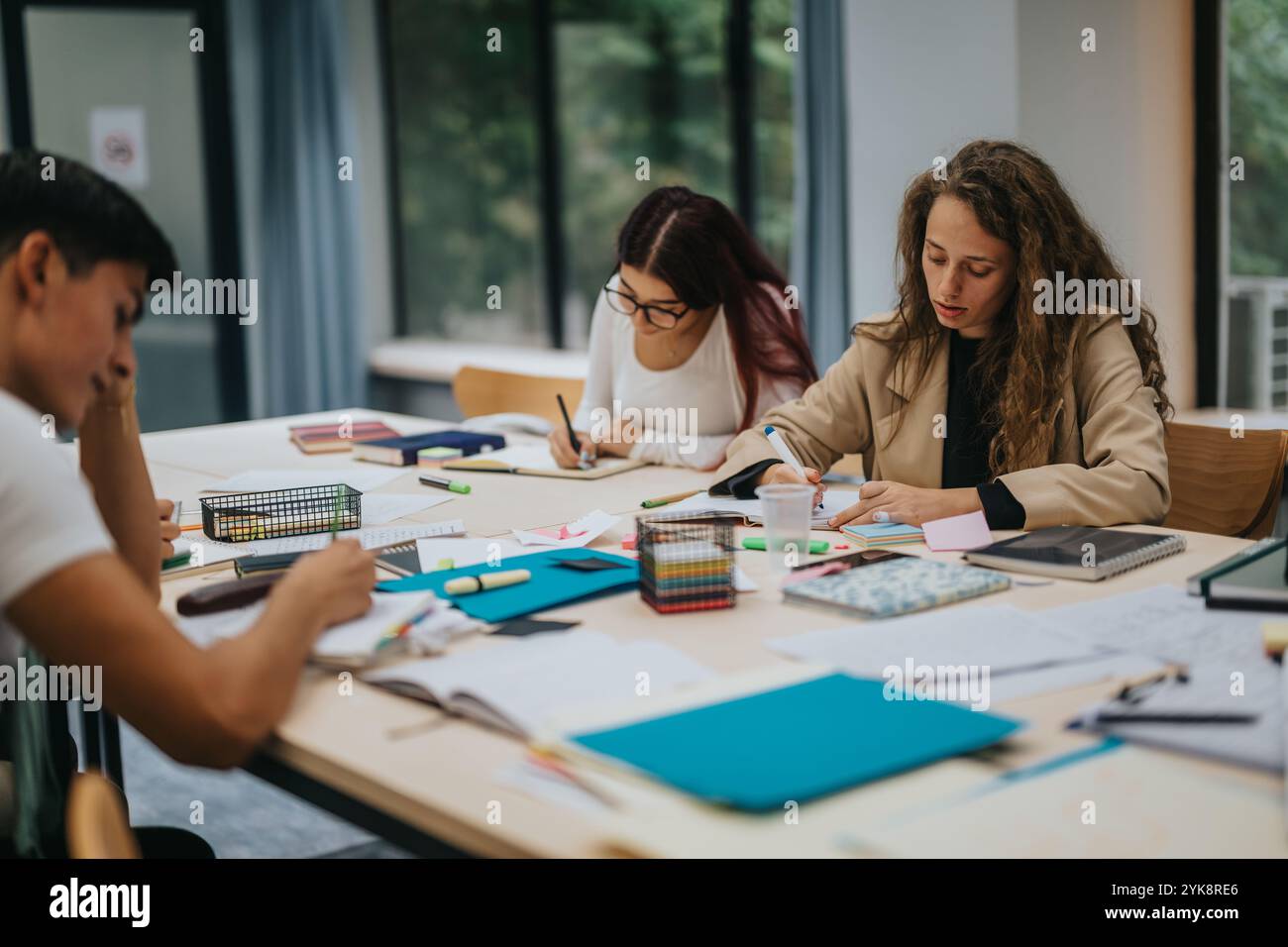 Diverse group of focused students studying together in classroom Stock ...