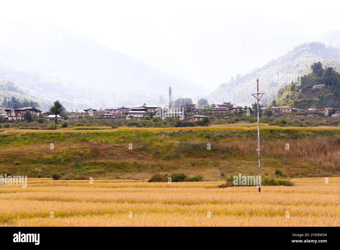 Typical village on the outskirts of Paro, Bhutan. Flatter land is often ...