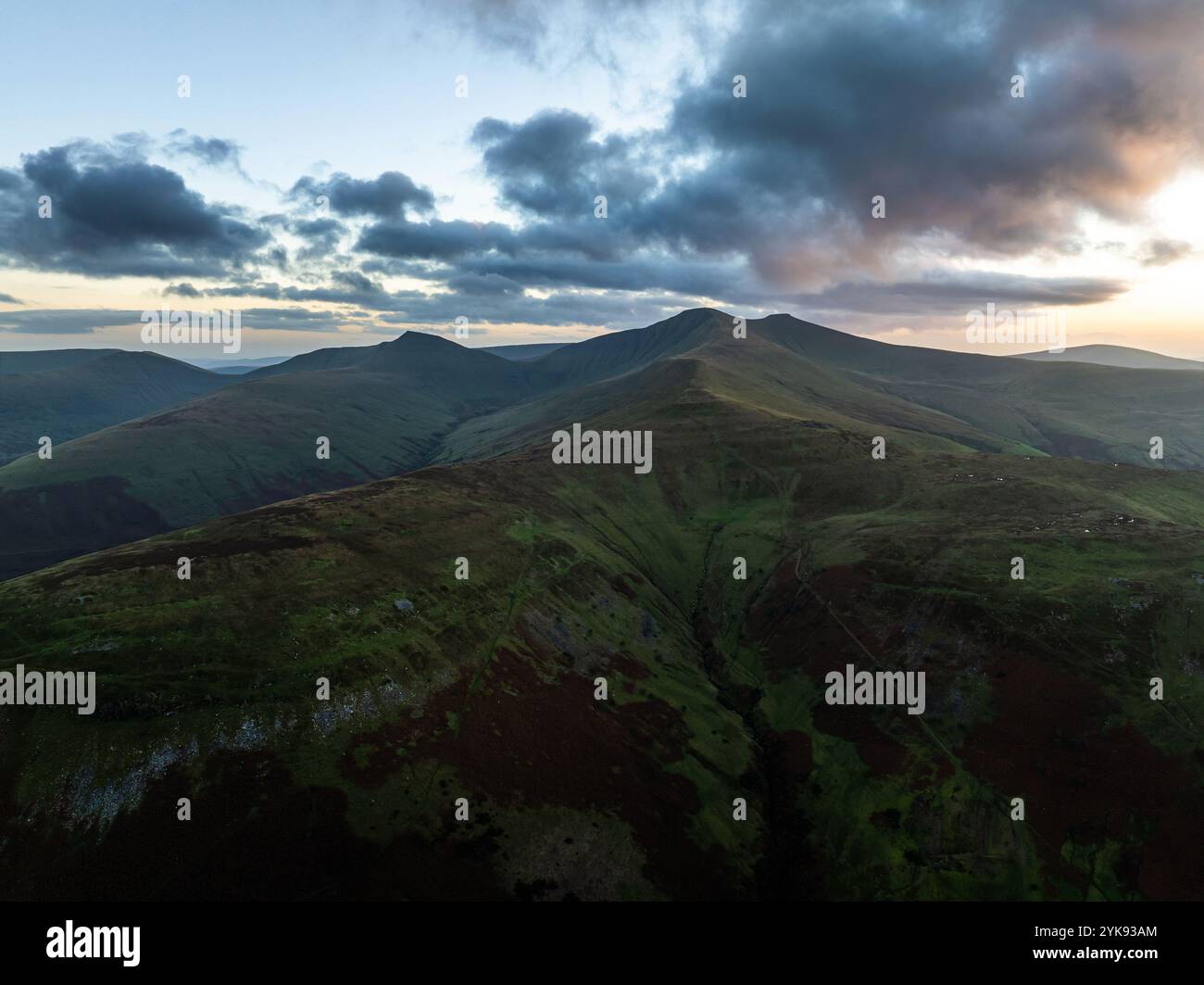 Sunset over Pen y Fan and Cribyn from a drone, Brecon Beacons National ...