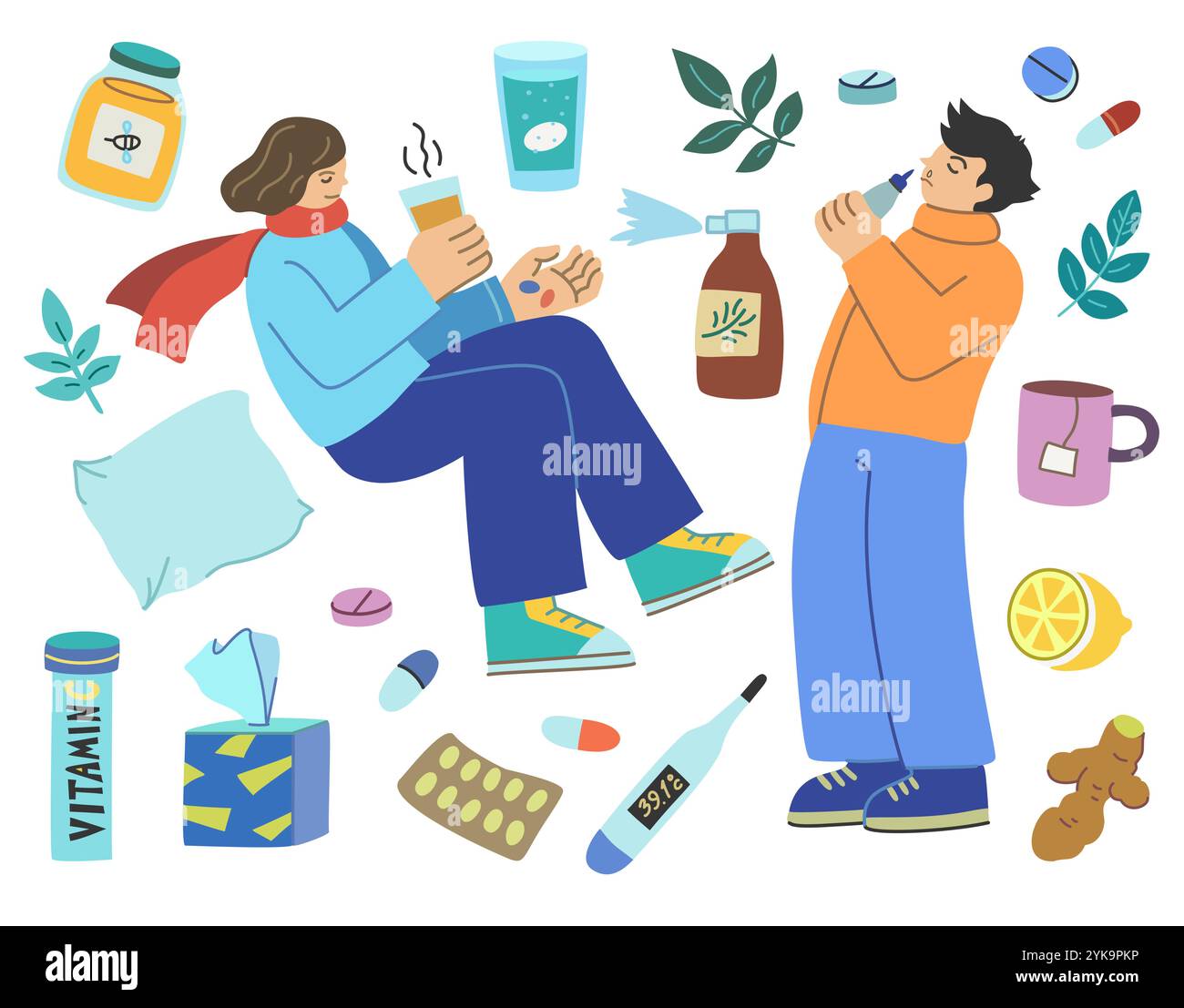 Sick woman and man with cold and flu. Drugs and medical plants ...
