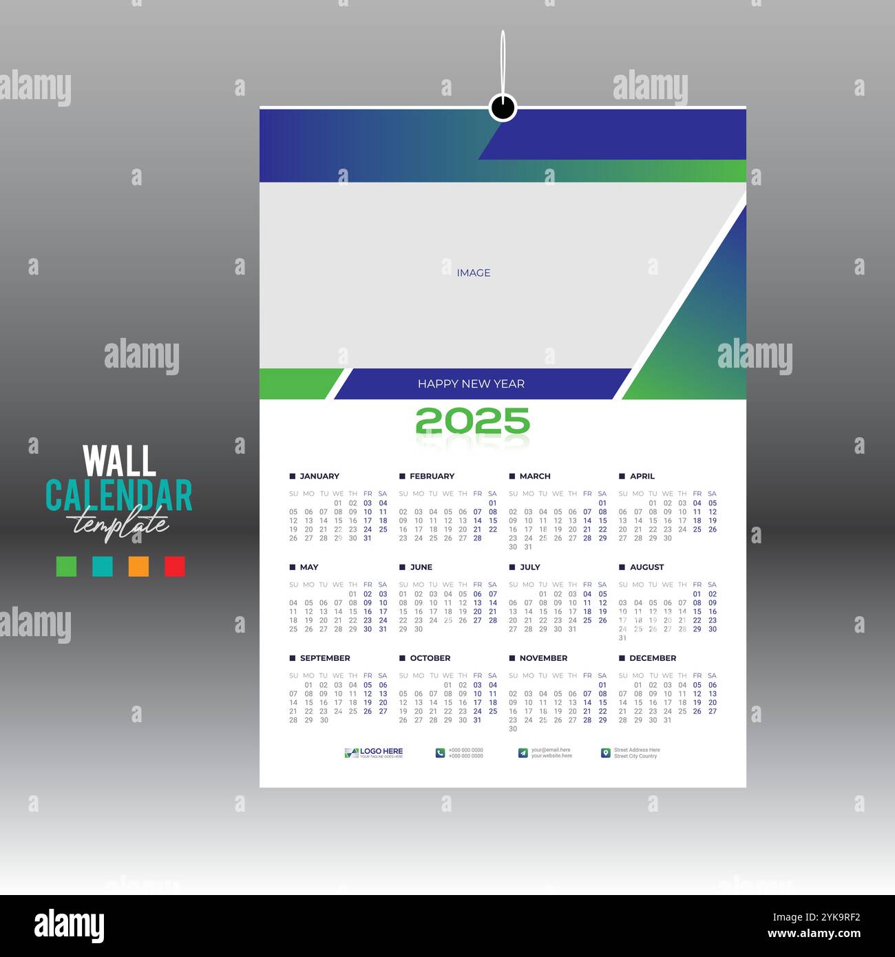 4 colored 12 month 2025 wall vector calendar design for any kind of use ...