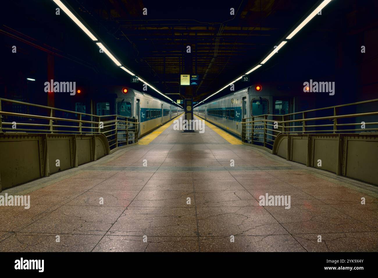 Split railway platform at Grand Central Terminal with two trains parked ...