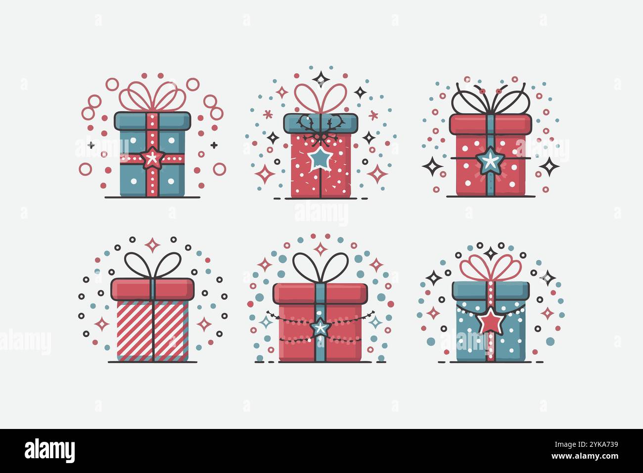 Set of six colorful vector gift box illustrations, easily editable ...