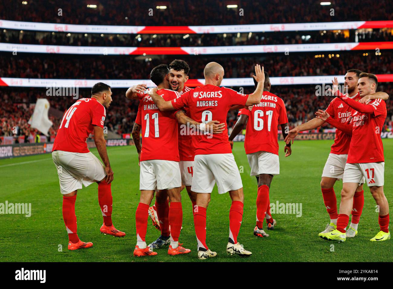 Team of Benfica seen celebrating after scoring goal by Angel Di Maria ...
