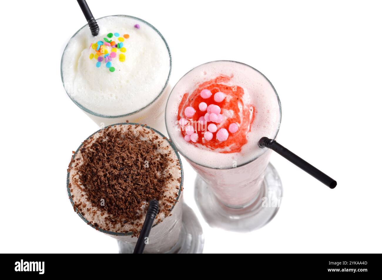 three types of milkshake drink on white background Stock Photo - Alamy