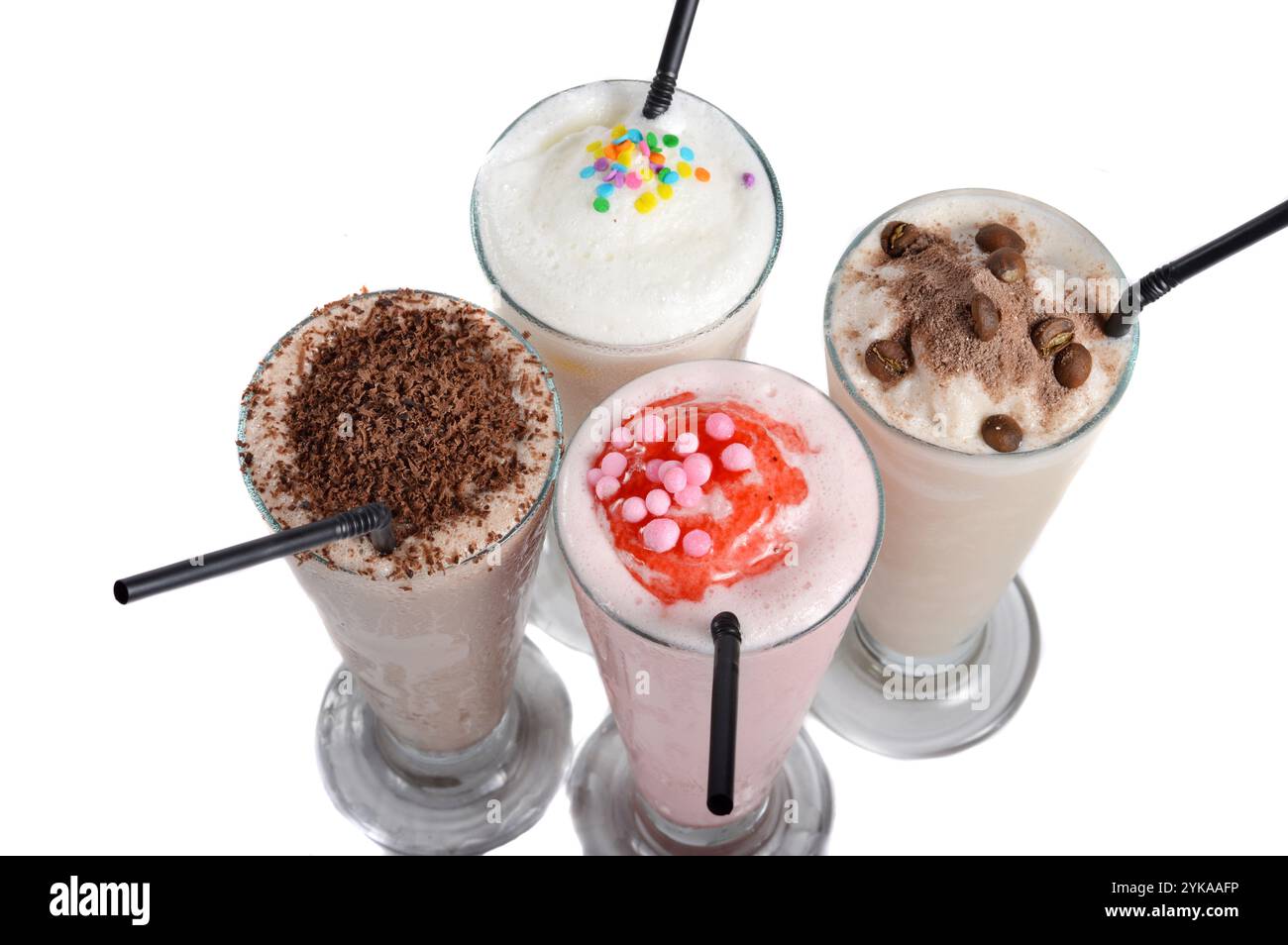 four types of milkshake drink on white background Stock Photo - Alamy