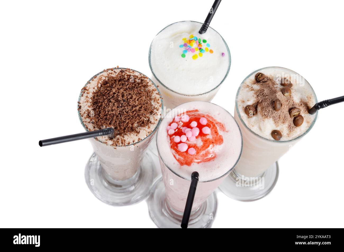 four types of milkshake drink on white background Stock Photo - Alamy