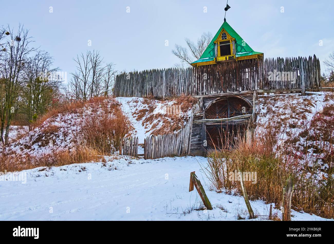 The timber Cossack fortress with palisade, dug moat and earthen rampart ...