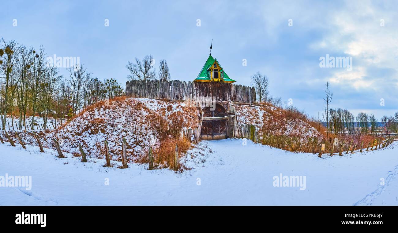 Panorama of reconstructed timber Cossack fortress, surrounded with ...