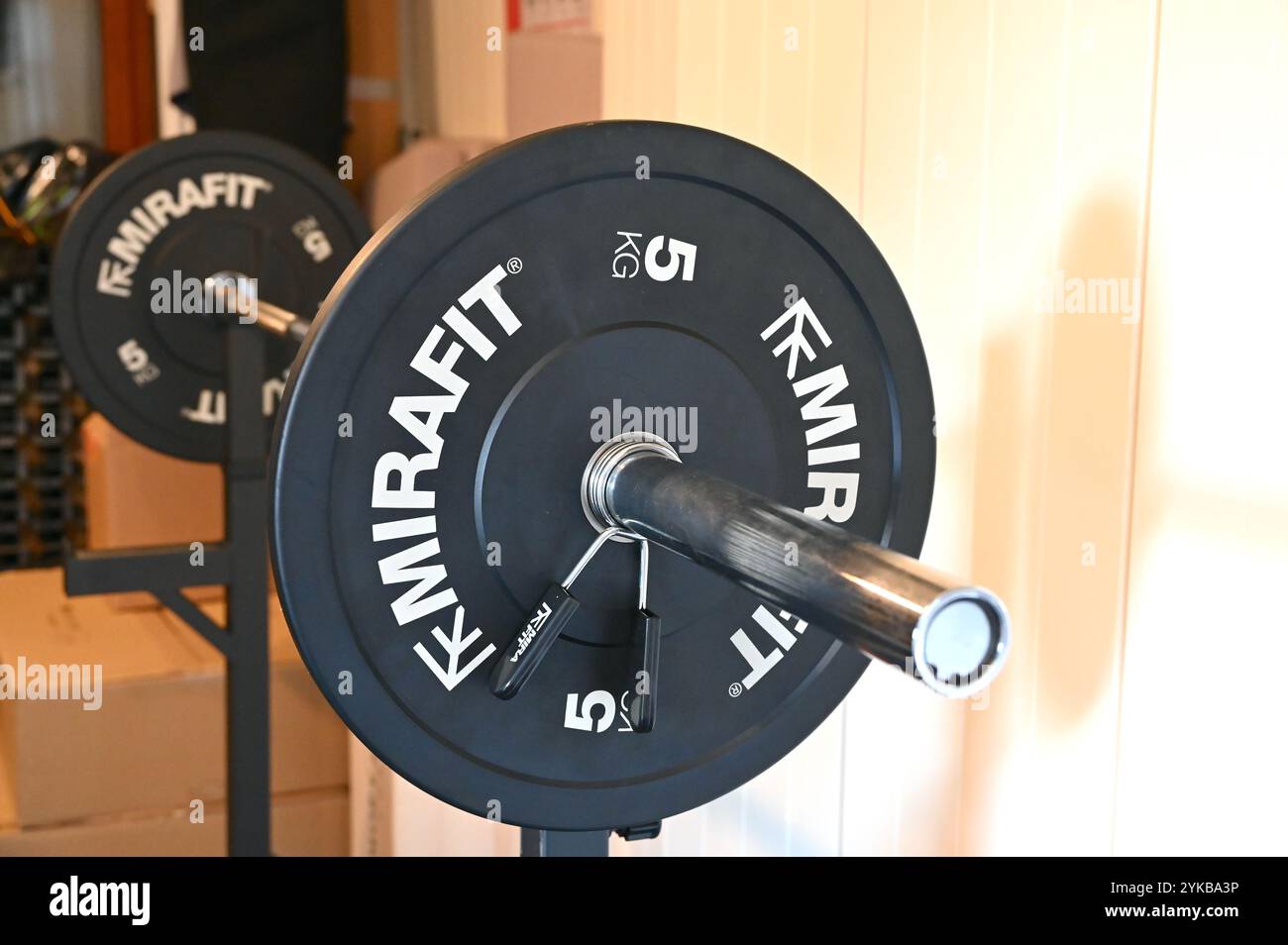 Mirafit bar bells in gym close up shot Stock Photo - Alamy