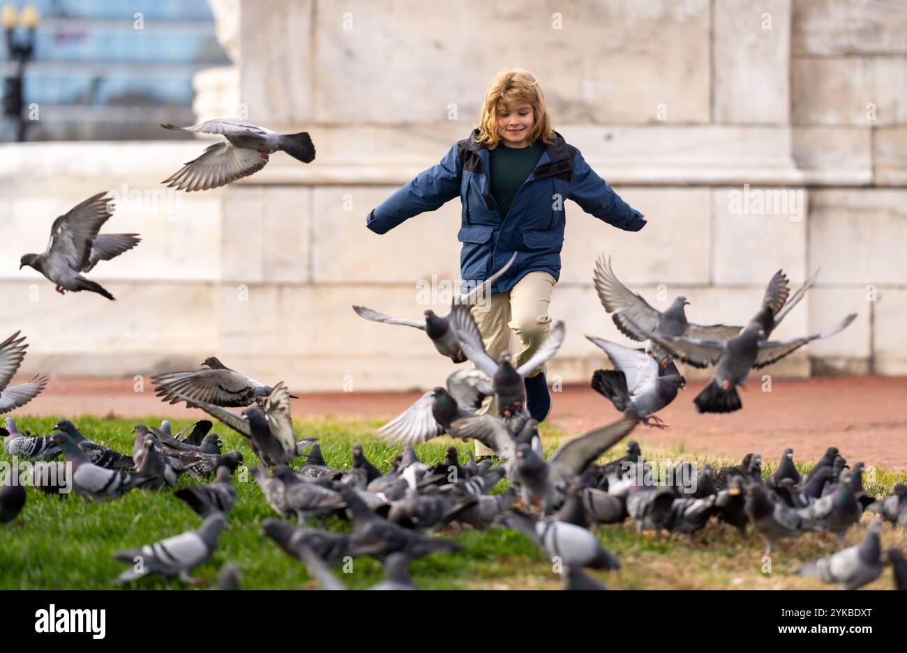 Happy child chasing birds, running on autumn day. Child run for pigeons ...