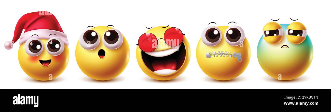Laughing emoji vector characters set. Emojis clipart cute xmas santa ...