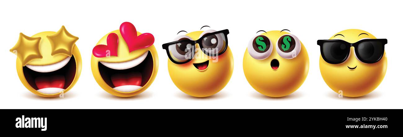 Heart emoji vector characters set. Clipart emojis like starry eyes, in ...