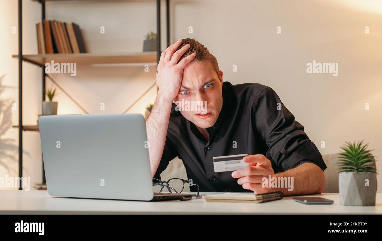 Bank scam. Credit card problem. Internet paying. Stunned business man ...