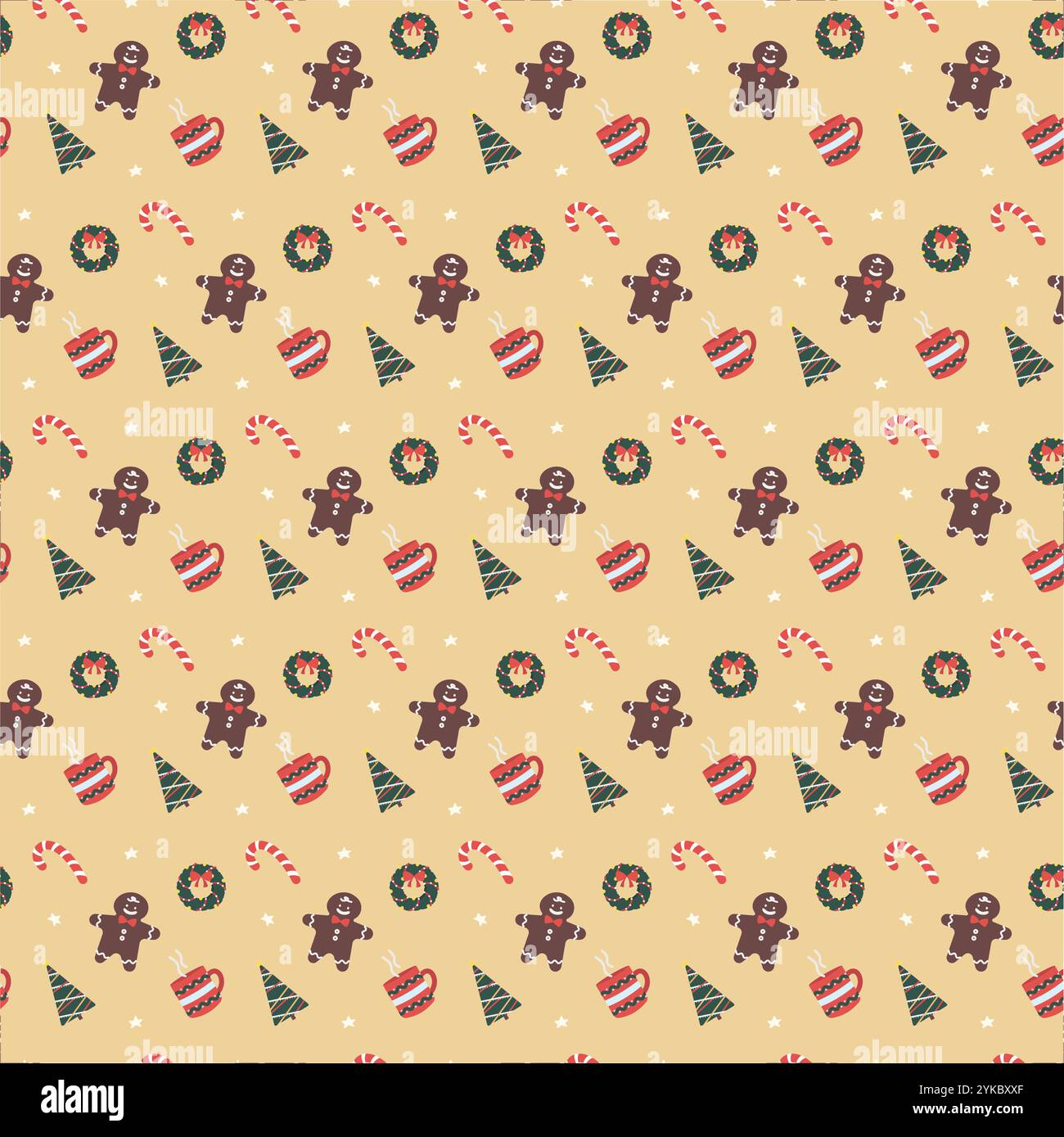 Gingerbread, wreaths, and Christmas trees pattern on yellow background ...