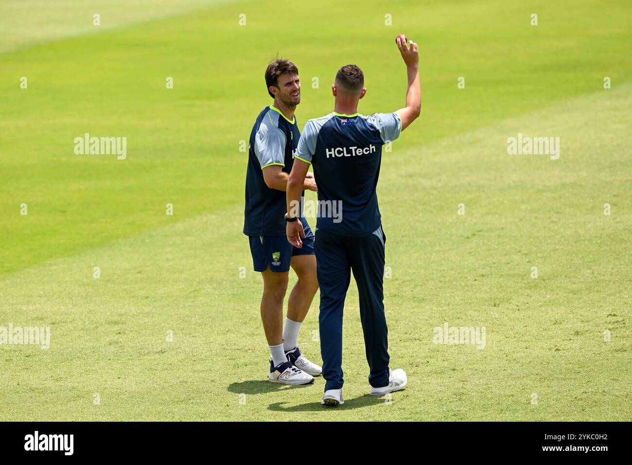 Perth, Australia. 18th Nov, 2024. Mitch Marsh and Josh Hazlewood of ...