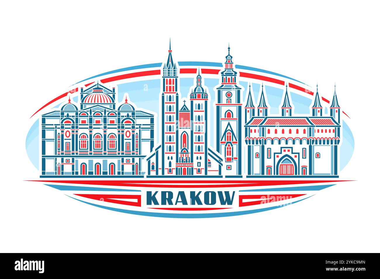 Vector illustration of Krakow, horizontal sign with linear design ...