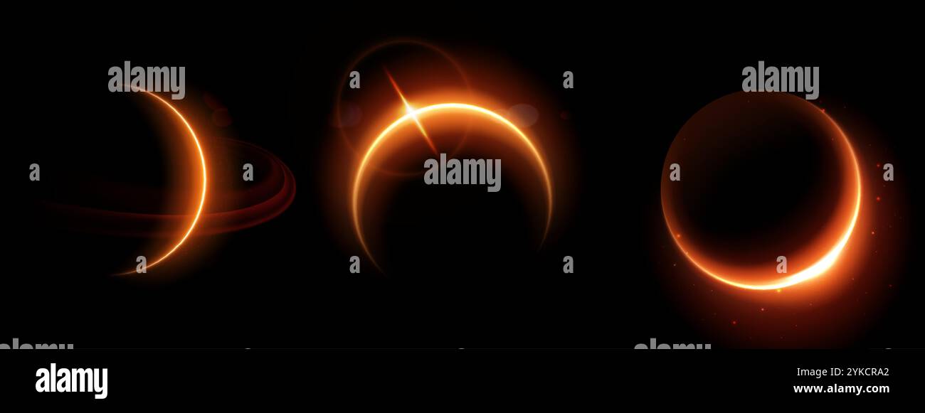 Solar or lunar eclipse phases set isolated on black background. Vector realistic illustration of ...