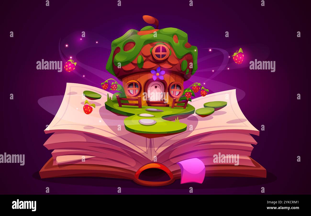 Open book about magic adventure in forest for kid. Storybook with acorn ...