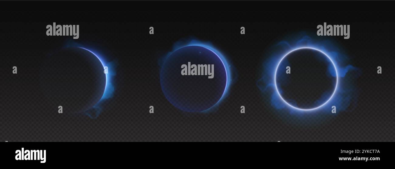 Solar eclipse phases with luminous blue circles and crescent on dark ...