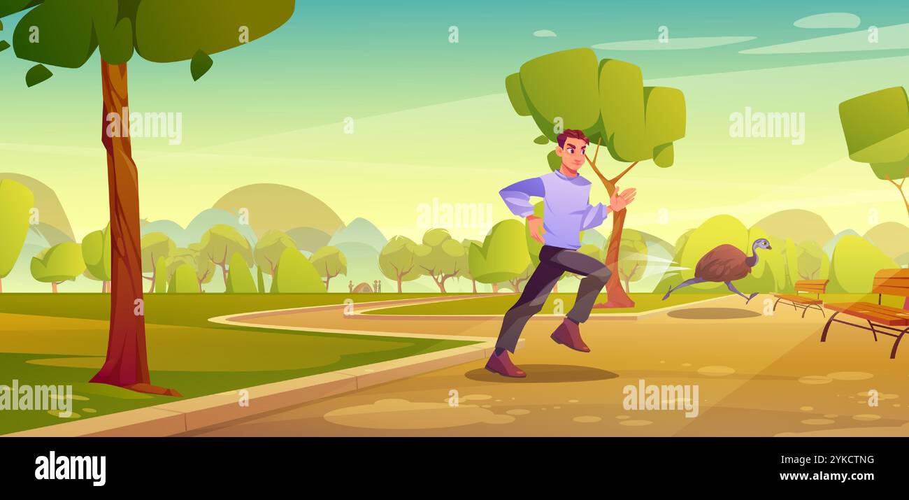 Man running along park pathway chasing emu. Cartoon scene with lush ...