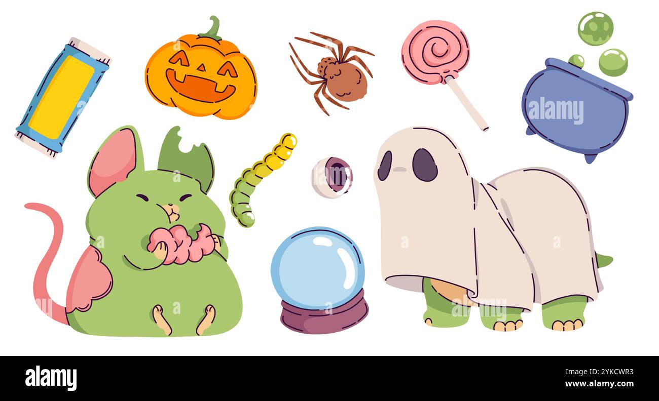 Cute kids Halloween set with green zombie mouse eating brains and ghost ...