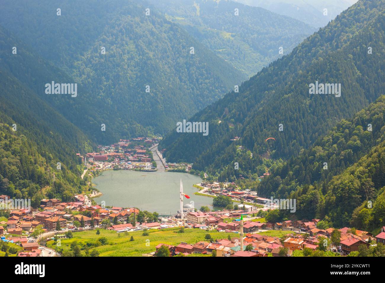 Uzungol view from the hills. Forest covered mountains and Uzungol lake ...