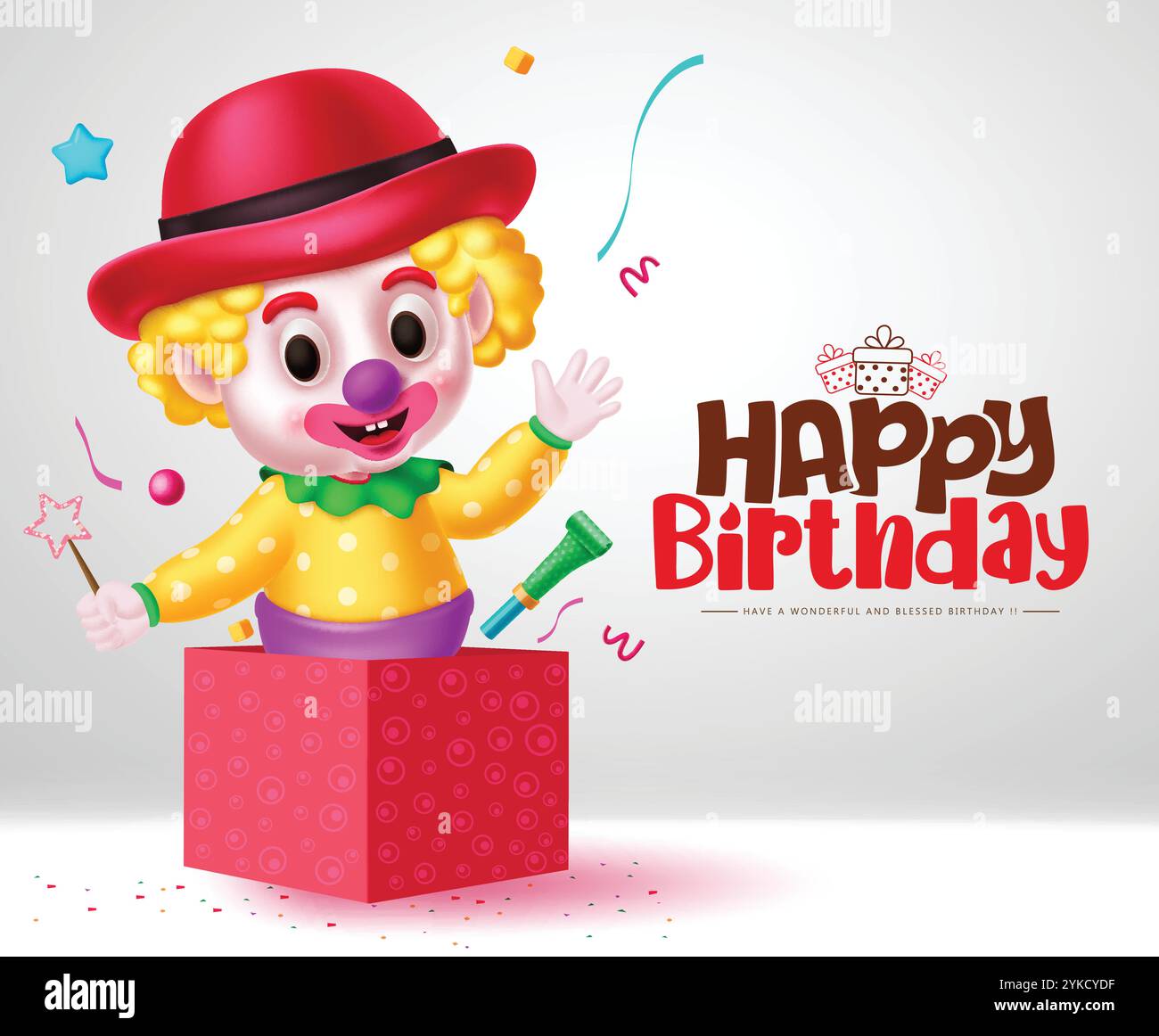 Clown character birthday vector design. Happy birthday greeting text ...