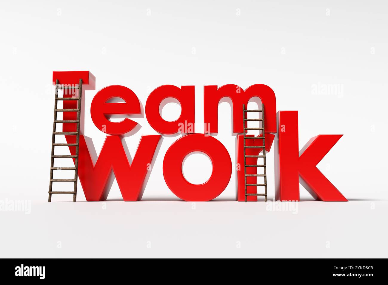 Teamwork, collaboration and togetherness concept. Two wooden ladders ...