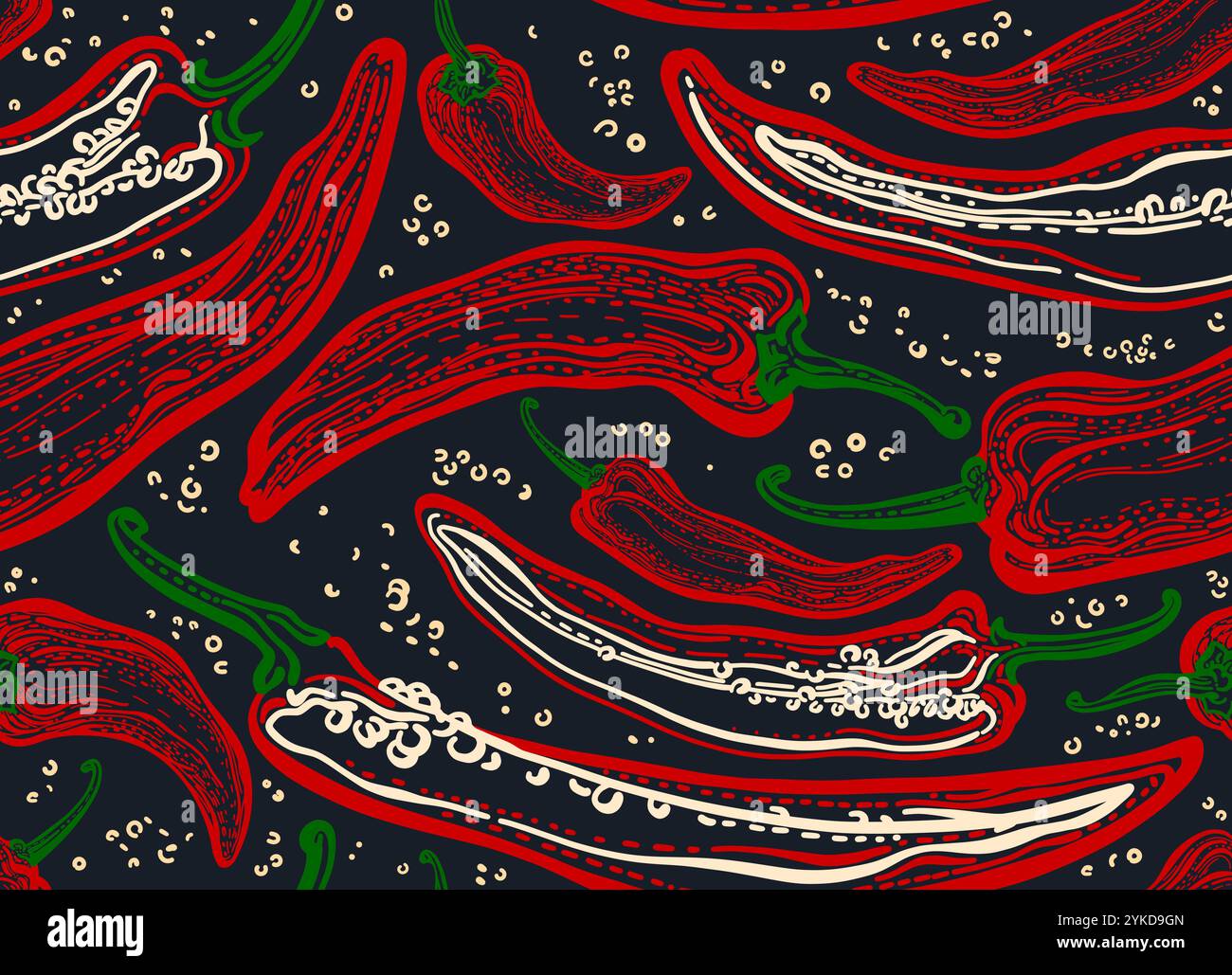 Chili pepper. Hot spicy. Vector seamless print. Vegetable engraved ...