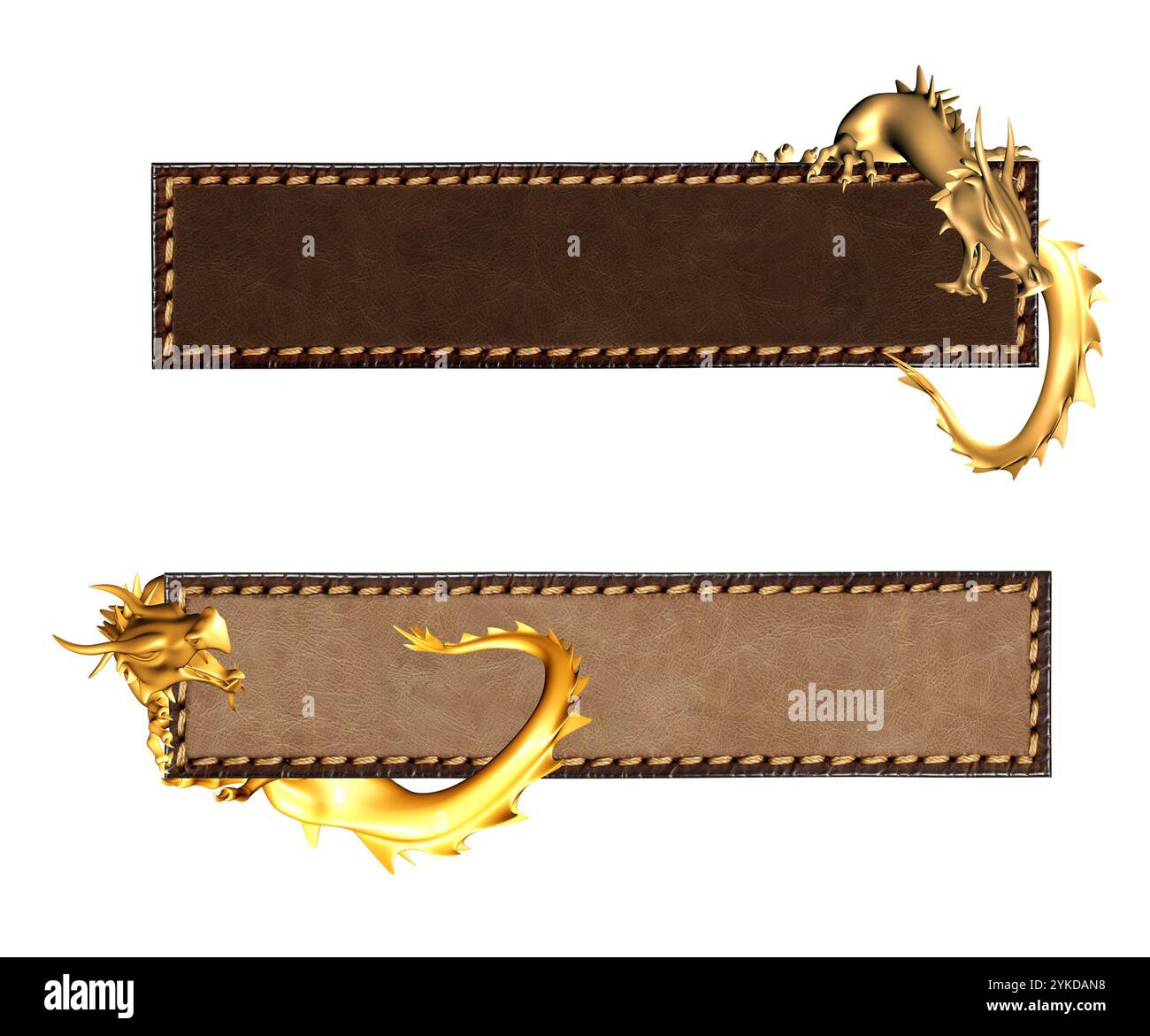 Set of two leather banner with texture of brown color and golden dragon ...