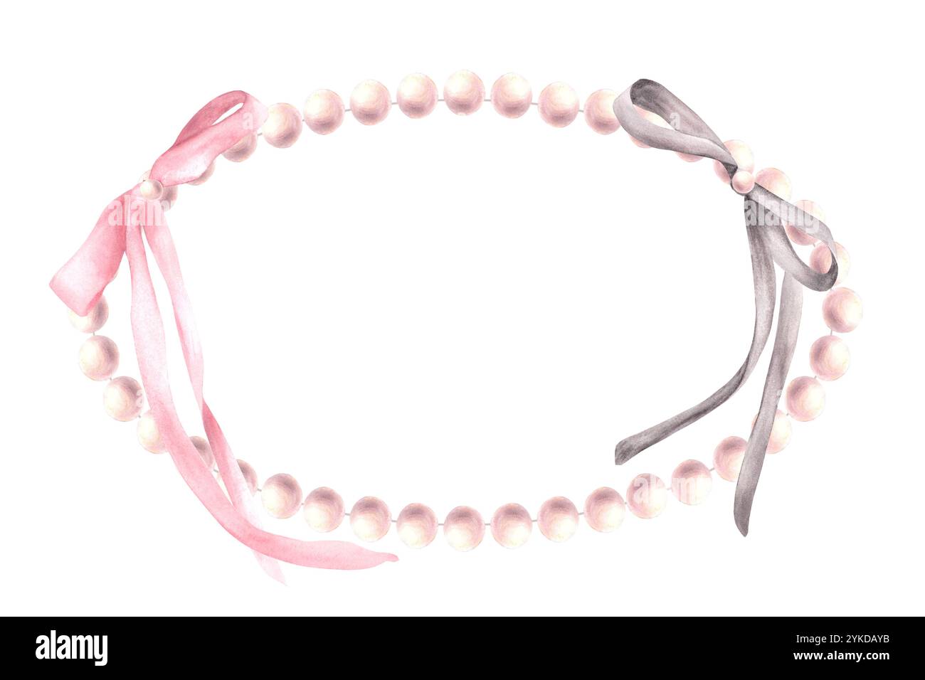 Pearl oval frame with pink and grey bow. Watercolor hand drawn ...