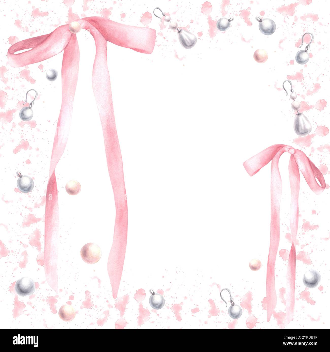 Pink bows, ribbons with pearl earrings on watercolor rose spots ...