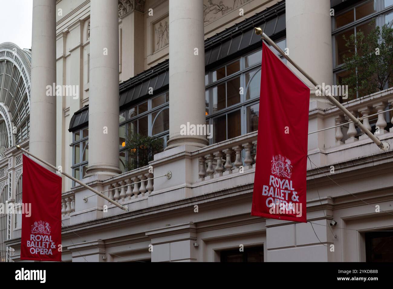 LONDON, UK - NOVEMBER 16, 2024: Banner flags outside the Royal Ballet ...