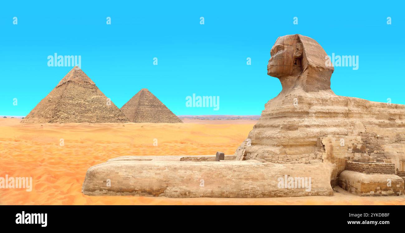 Famous Great Sphinx and pyramids of Chephren and Cheops, Cairo, Egypt ...