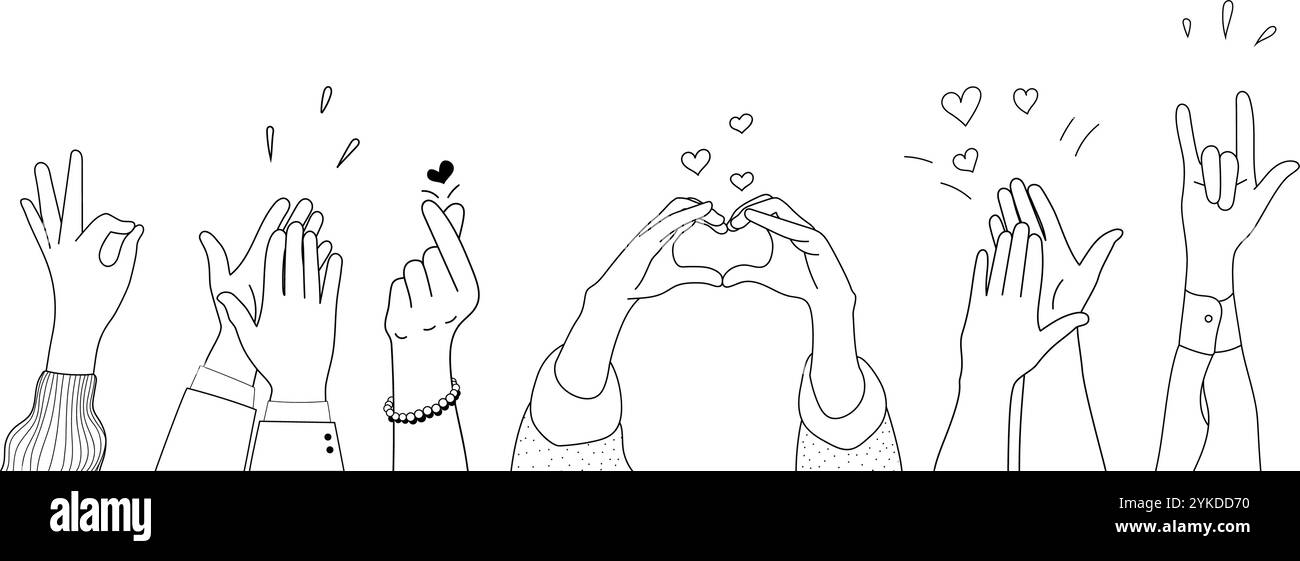 Doodle sketch hands up gestures comic icons silhouettes vector set ...