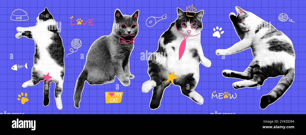 Modern collage set with funny cats and doodle elements. Retro y2k ...
