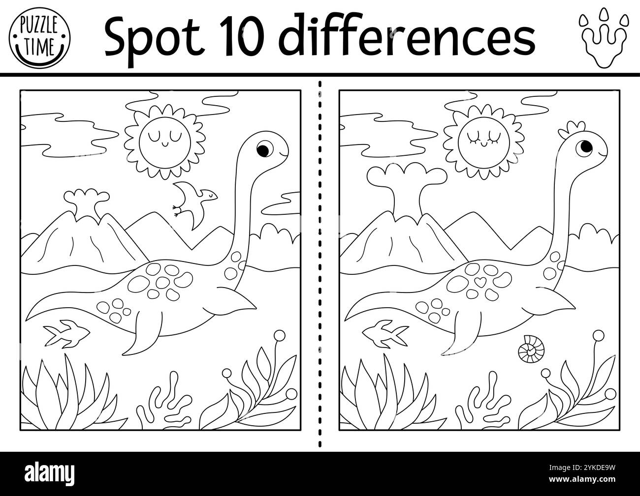 Find differences game for children. Dinosaur black and white ...