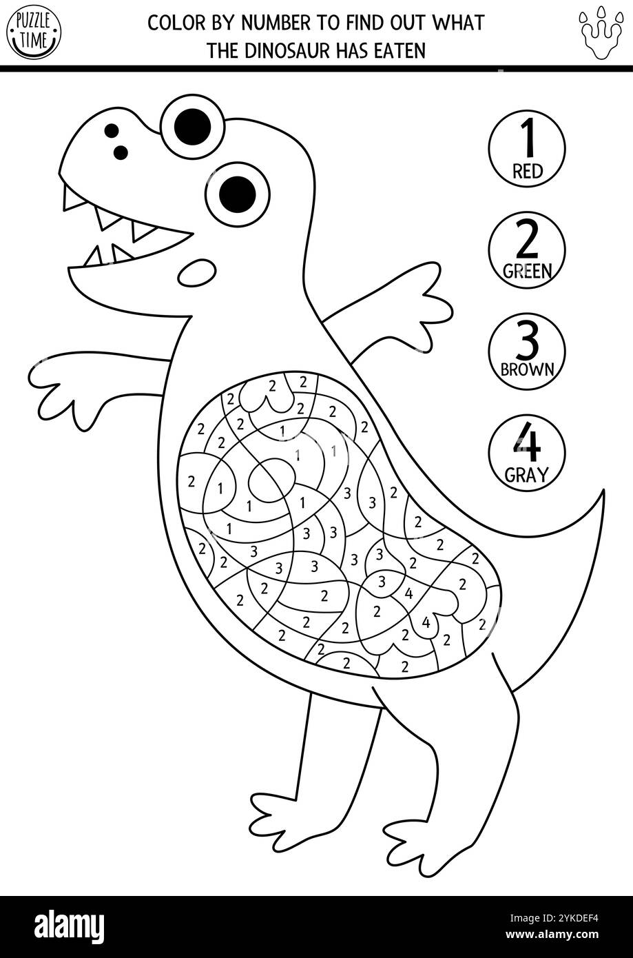 Vector line dinosaur color by number activity with T-rex and food in ...