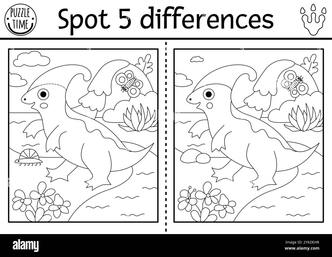 Find differences game for children. Dinosaur black and white ...