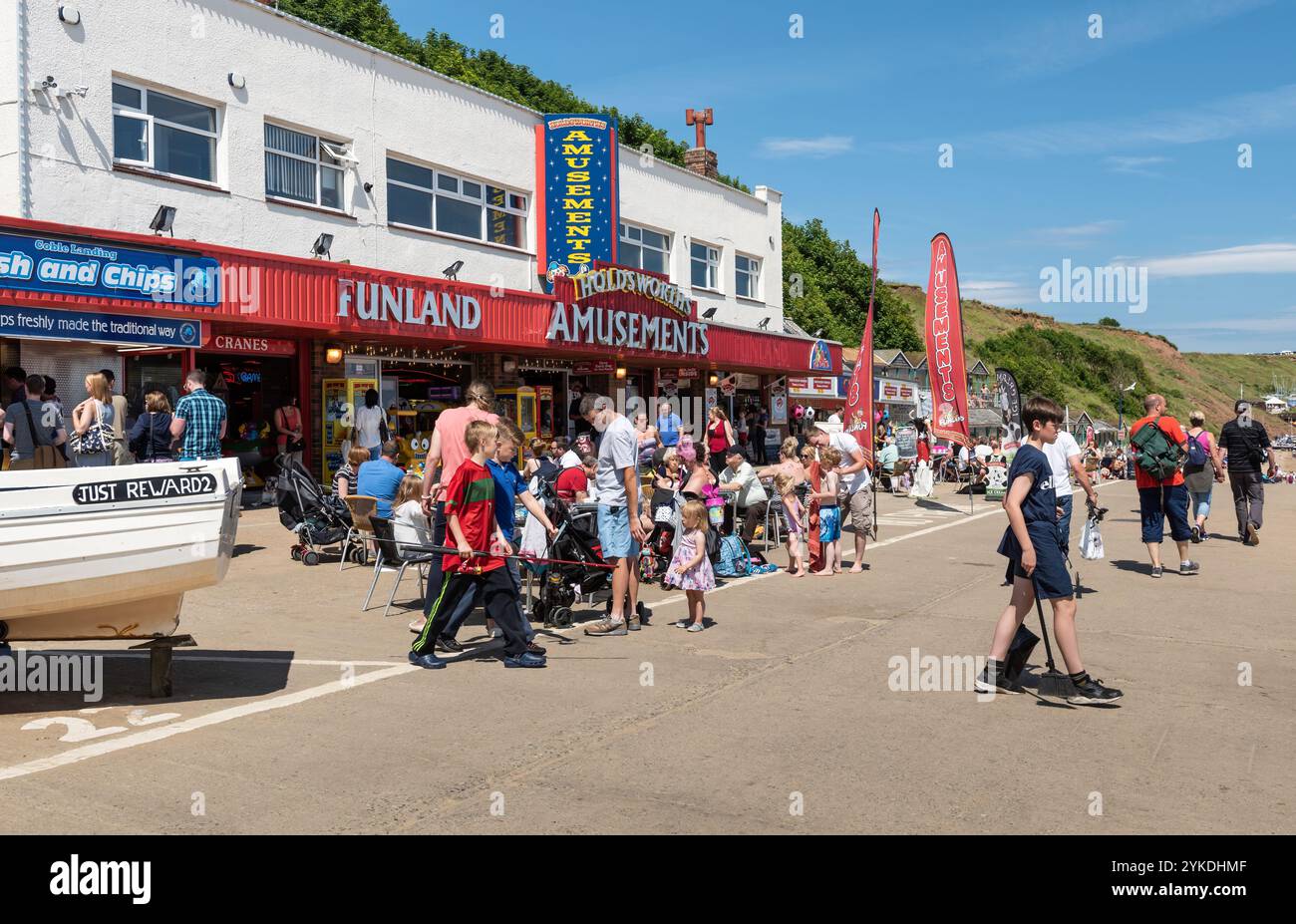 Visitors on the coble landing at Filey Stock Photo - Alamy