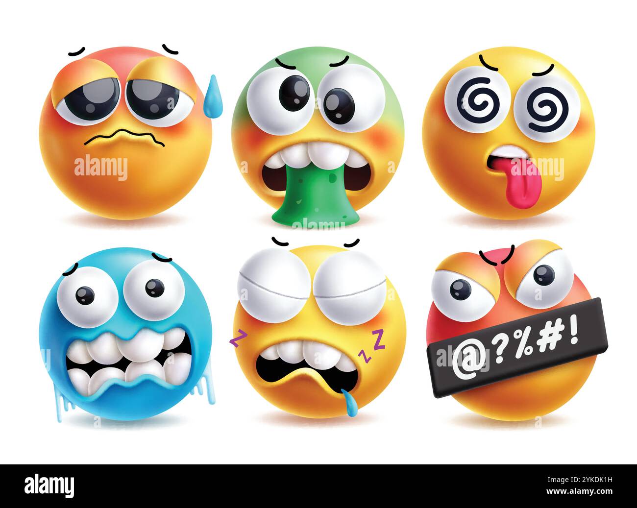 Nervous emoji vector characters set. Emojis 3d clip art like unwell, vomit, dizzy, cold ...