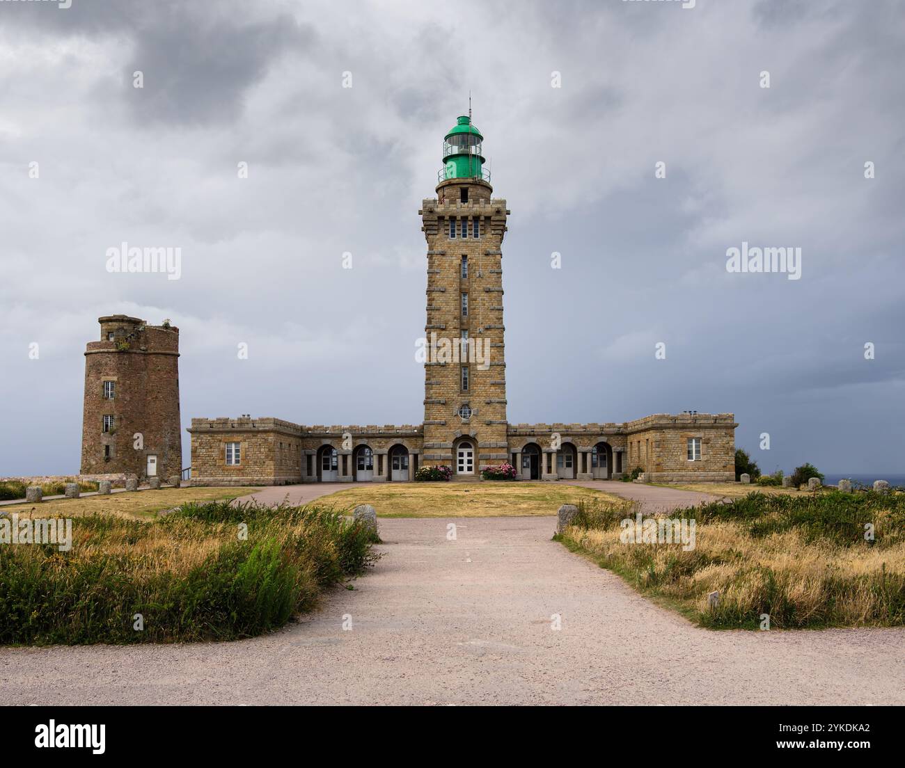 Cap Frehel lighthouse in overcast weather , Plevenon, Brittany Stock ...