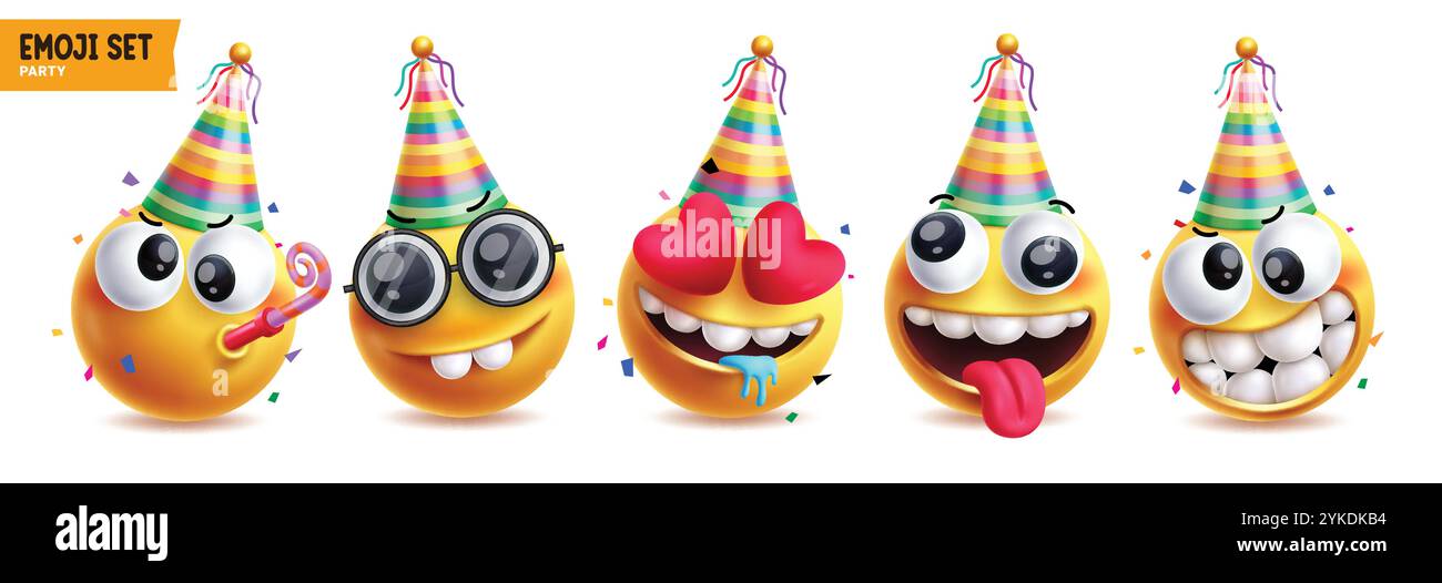 Emoji happy birthday vector characters set. Birthday emojis wearing ...