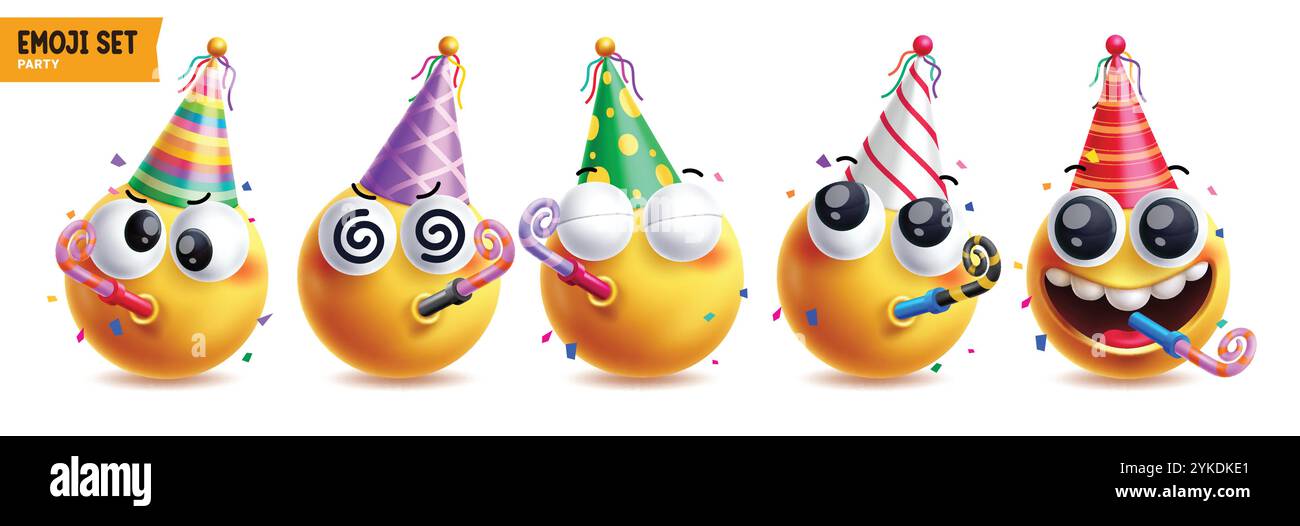 Birthday emoji vector characters set. Happy birthday emojis wearing ...