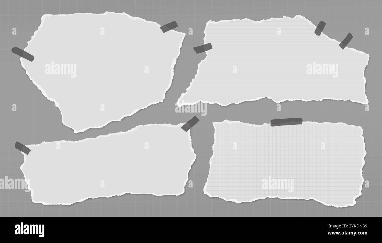 Set of torn white lined note paper, pieces with sticky tape are on dark ...