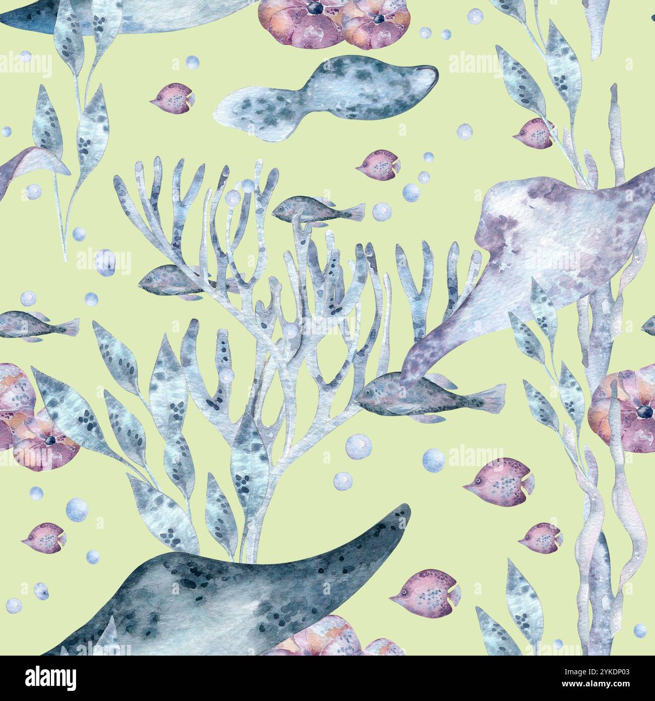 Sea animals stingray, fish swimming in seaweeds and corals blue soft ...