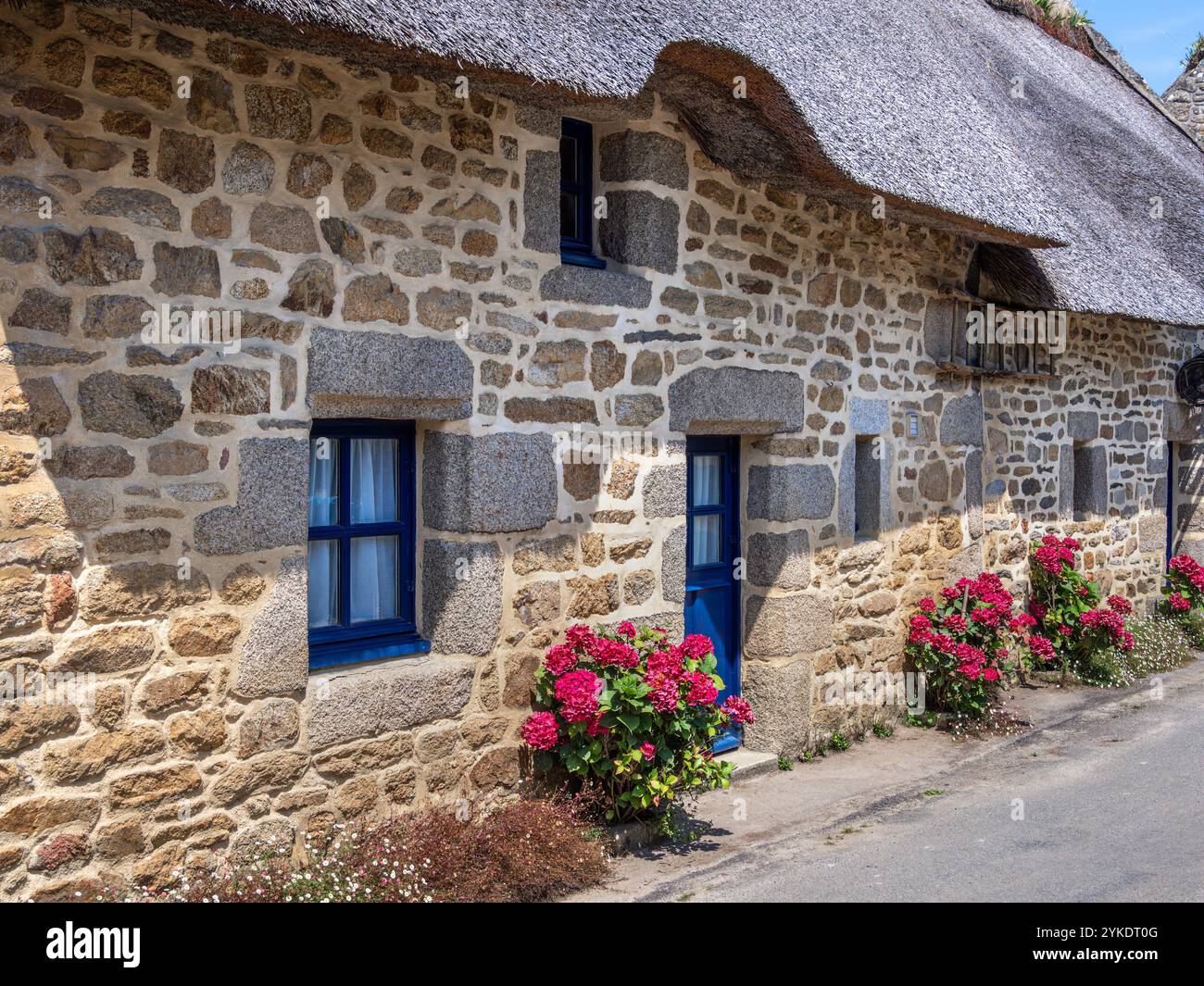 Charming breton Stone Cottage with Thatched Roof and Blue Shutters in ...